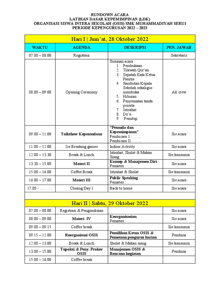 Rundown LDK OSIS SMK Muhammadiyah Serui | PDF