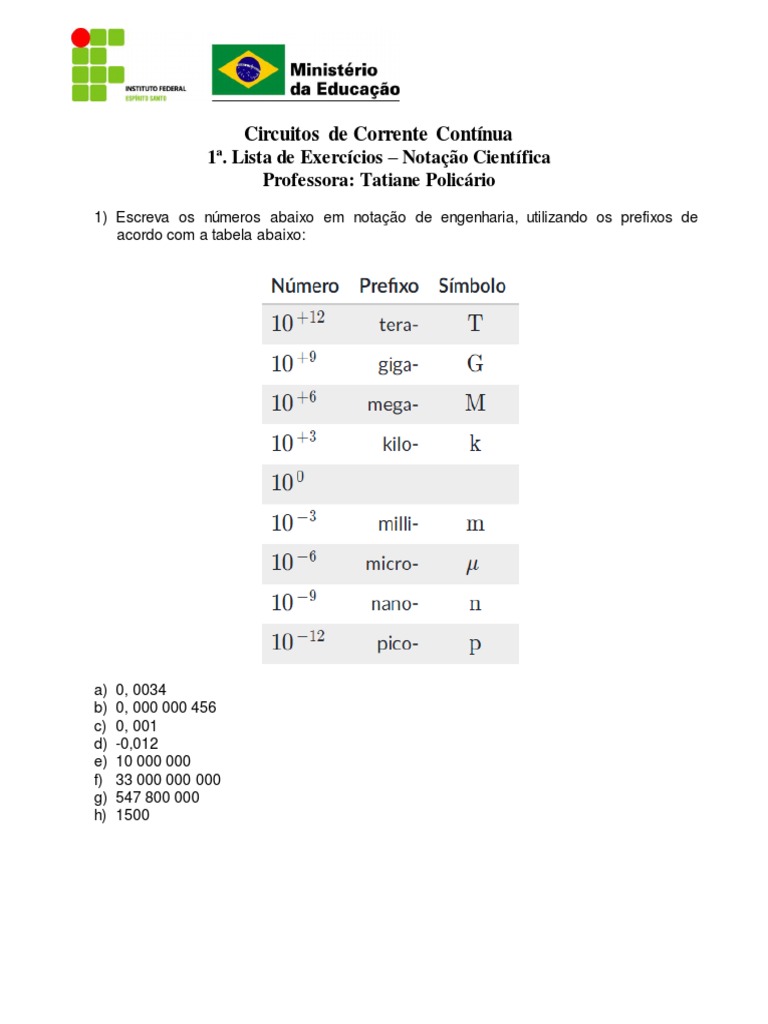 1a. Lista de Exercícios - Notação Científica | PDF
