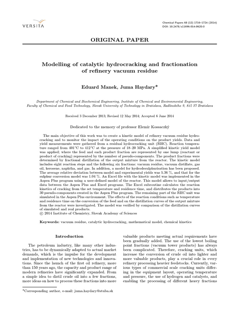 Modelling Catalytic Hydrocracking and Fractionation of Refinery Vacuum ...