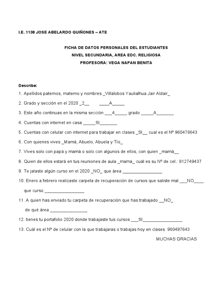 Ficha de Datos Personales Del Estudiantes Jair | PDF