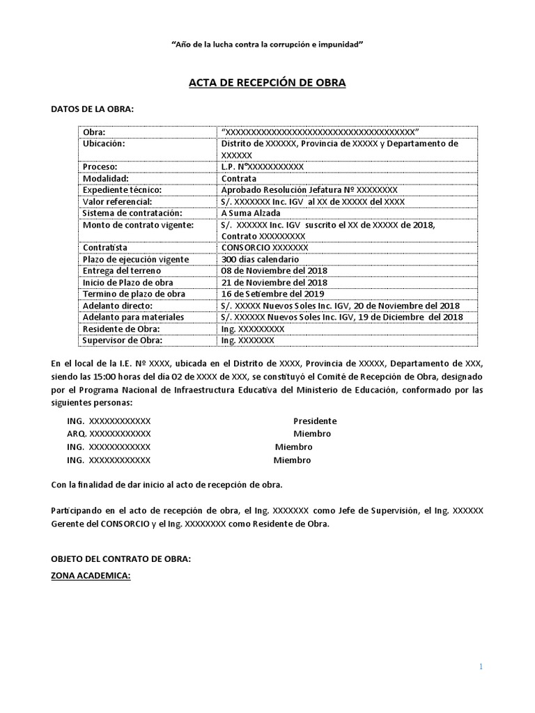 Acta de Recepción de Obra | PDF