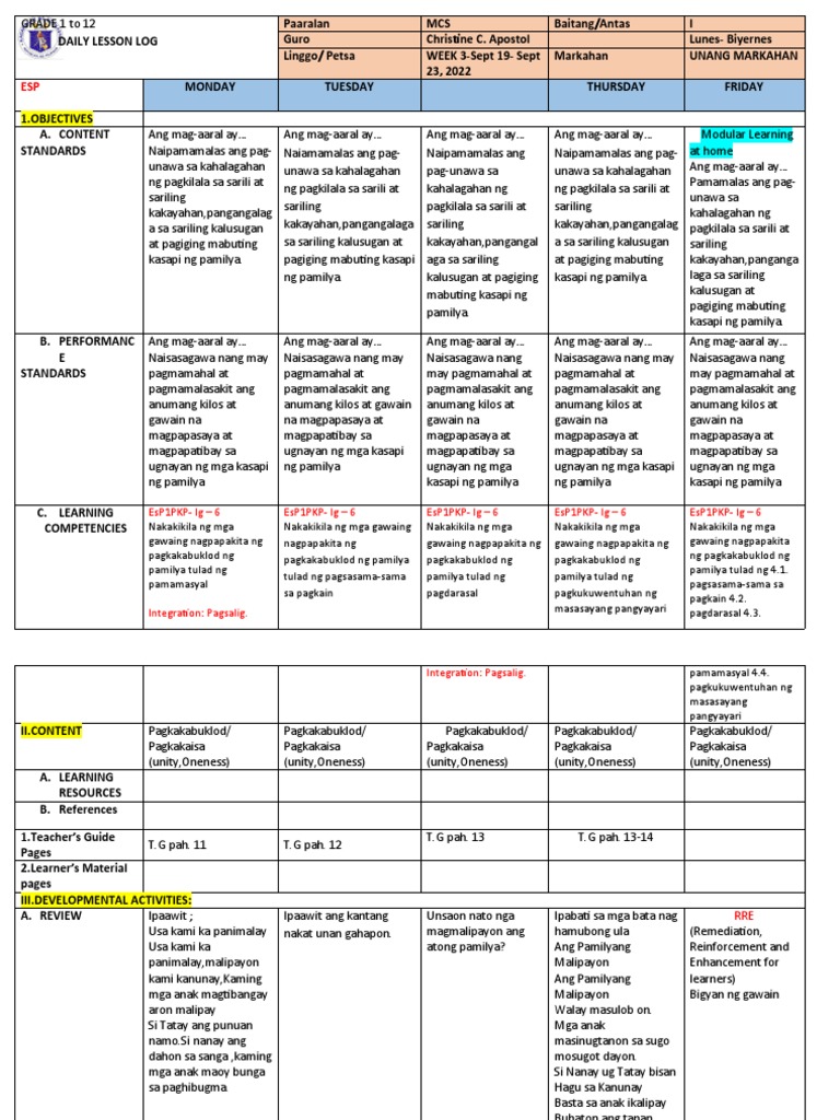 DLL ESP 1 Quarter 1 Week 4 | PDF