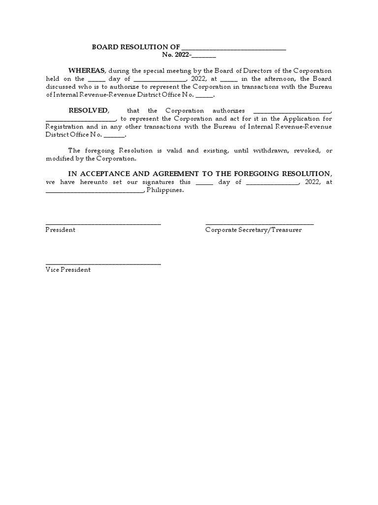 Board Resolution No 2022-XXX BIR Authorized Representative | PDF ...