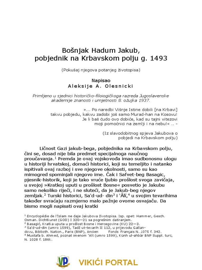 Bosnjak Hadum Jakub Pobjednik Na Krbavskom Polju 1493 | PDF