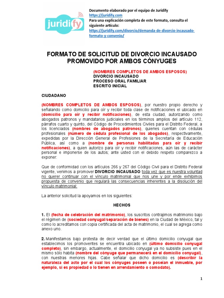 Formato De Solicitud De Divorcio Incausado Pdf Divorcio Matrimonio