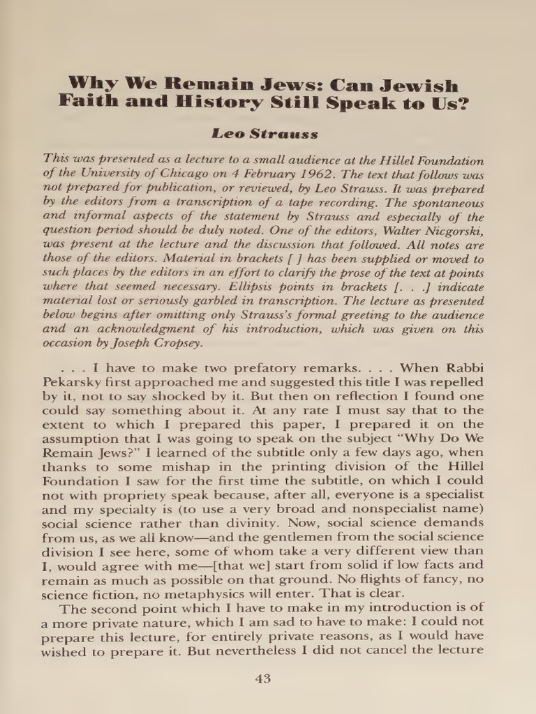Leo Strauss - ''Why We Remain Jews, Hillel House 1962'' [1993 Version ...
