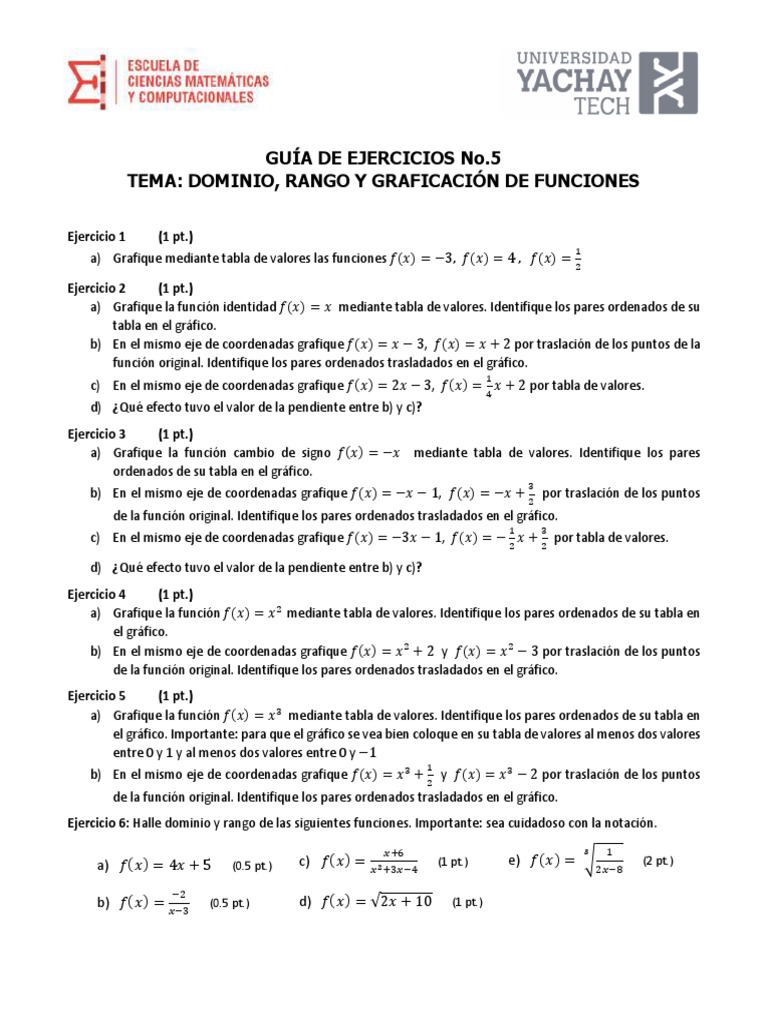 Guía de Ejercicios No.5 - Dominio, Rango, Graficación de Funciones ...