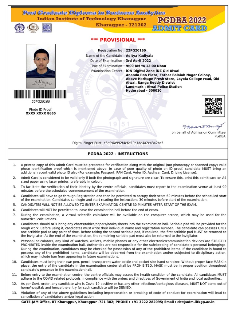 Iit Kgp Pgdba Admit Card Pdf Identity Document 