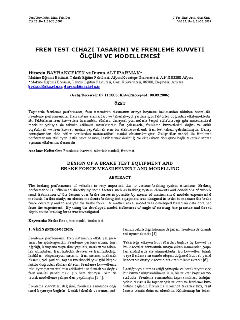 Fren Test Cihaz Tasarimi Ve Frenleme Kuvvet | PDF