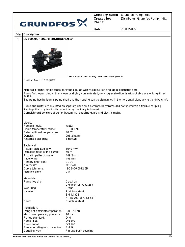 Grundfos LS 300-200-489C Pump Specs | PDF | Pump | Electric Motor