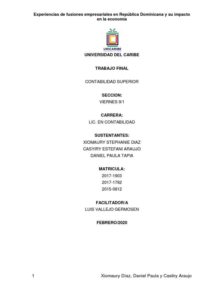 Experiencias de Fusiones Empresariales en Rep Blica Dominicana y Su Impacto en La Econom A ...