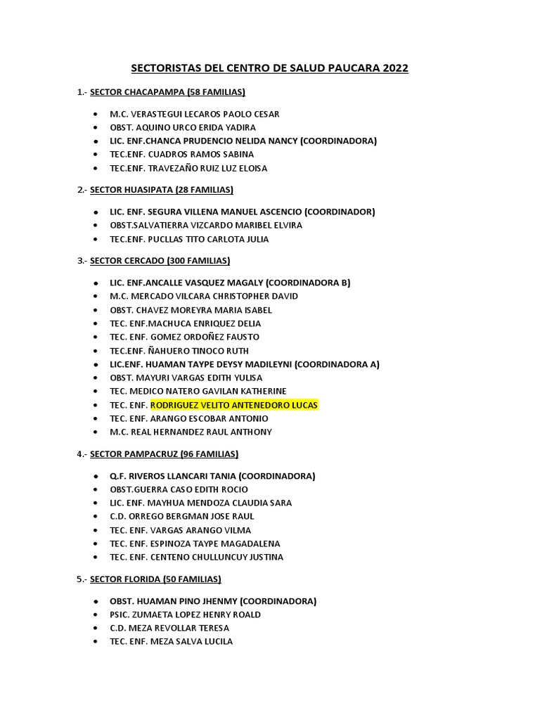 Sectoristas Del Centro de Salud Paucara 2021 | PDF
