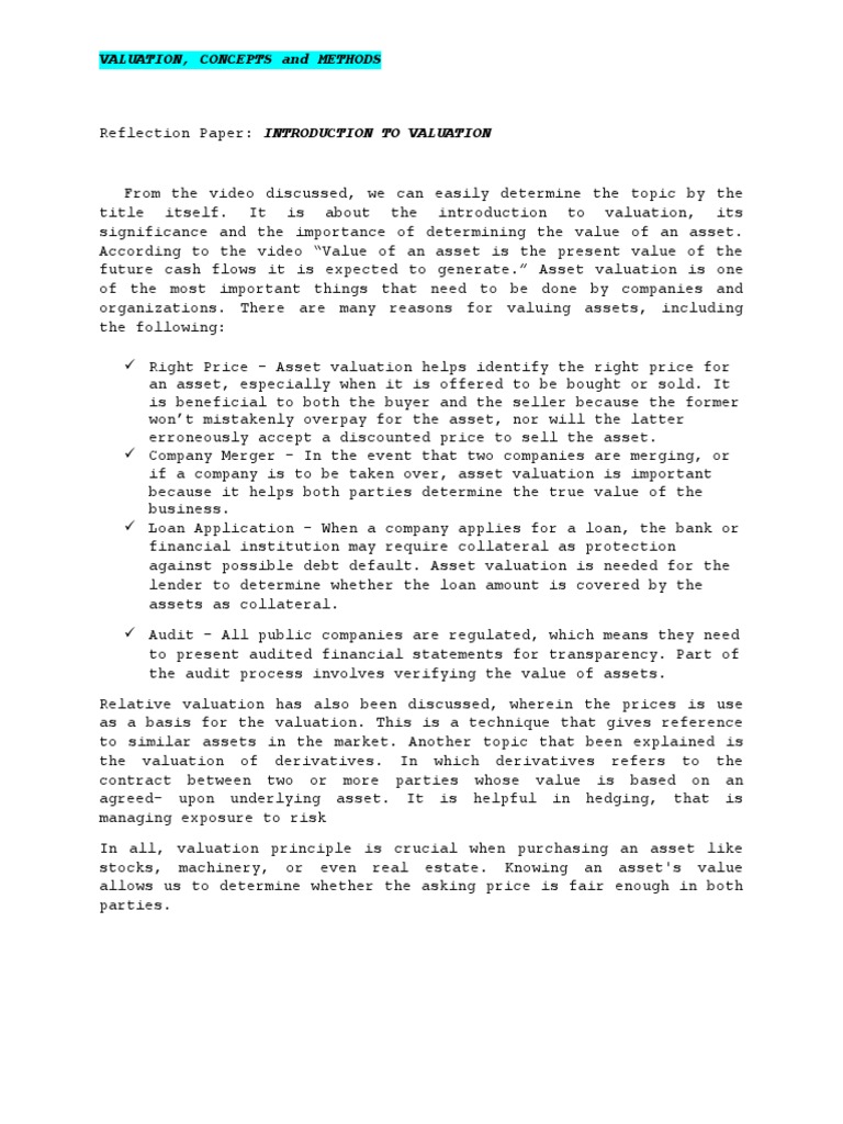Reflection Paper Valuation Final | PDF | Valuation (Finance) | Interest