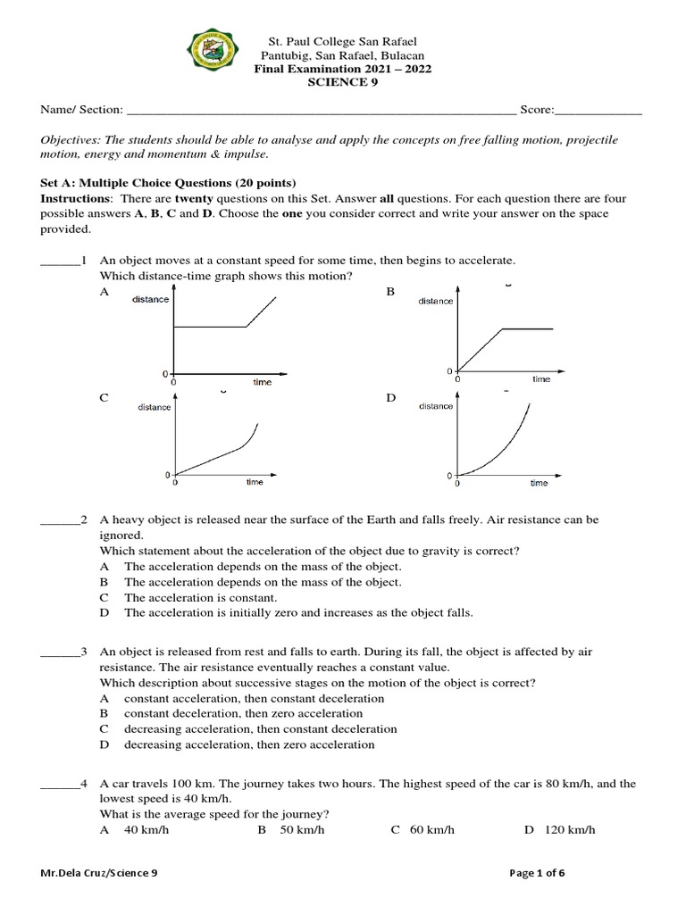 Science 9 Final Exam: Motion Concepts | PDF | Acceleration | Projectiles