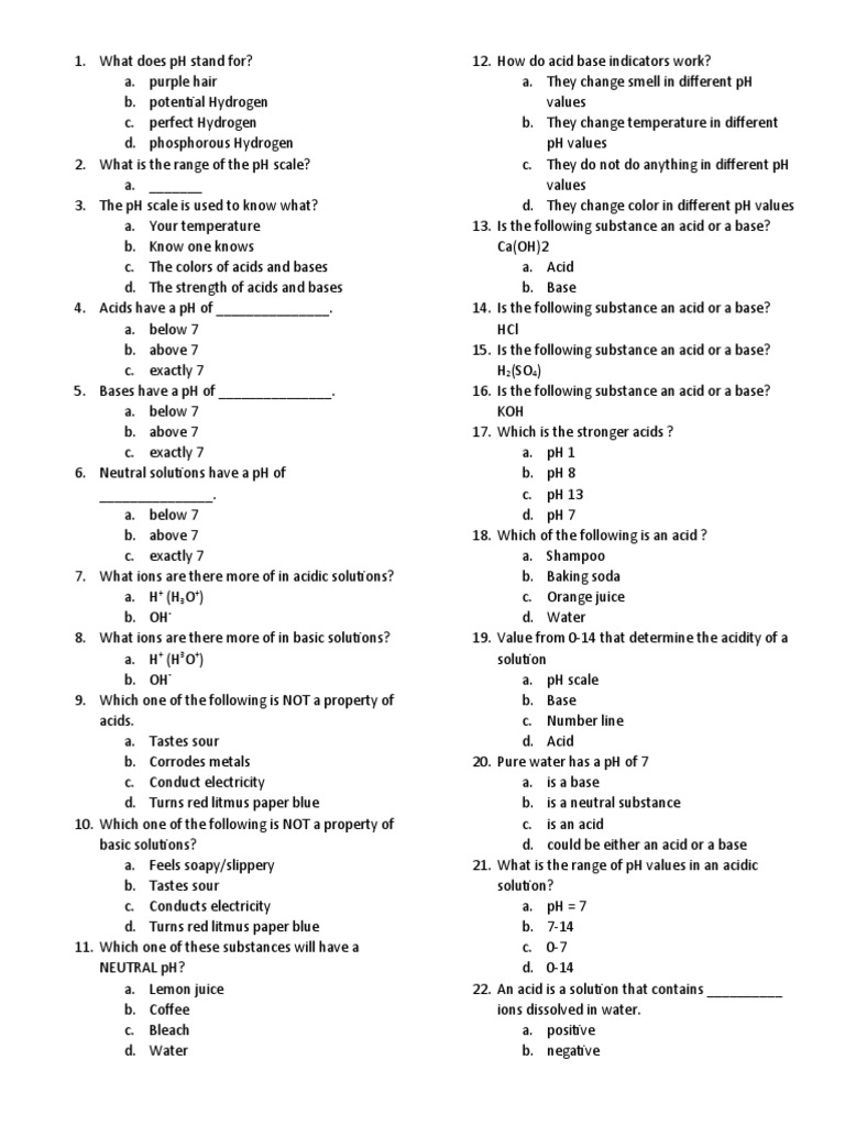 Acid Base Multiple Choice Pdf Acid Ph