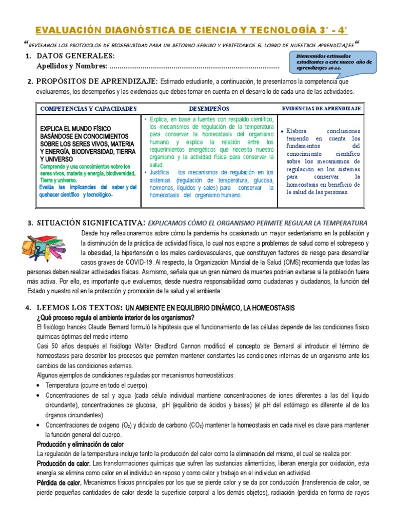 EVALUACION DIAGNOSTICA CIENCIA y TEC. 3° - 4° | PDF | Termorregulación ...
