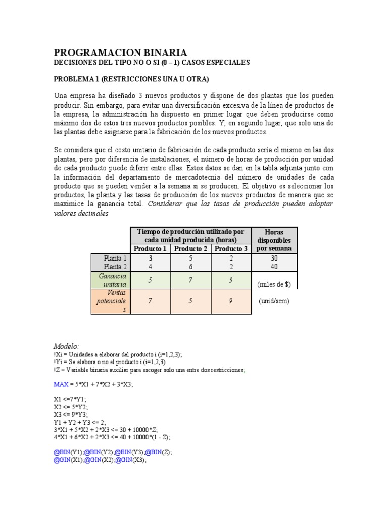 PROGRAMACION BINARIA (PROBLEMAS CASOS ESPECIALES) s22022 | PDF | Economias PROGRAMACION BINARIA (PROBLEMAS CASOS ESPECIALES) s22022 | PDF | Economias
