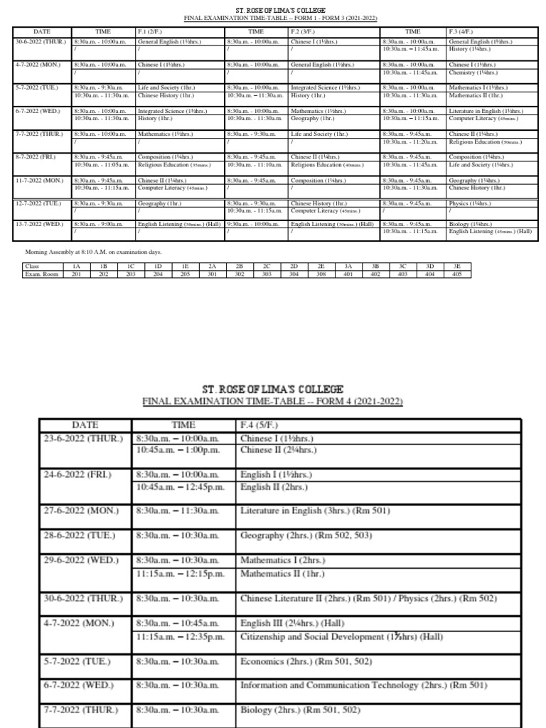 S126-Final Examination Time-Table - Form 1 - Form 5 (2021-2022) | PDF ...