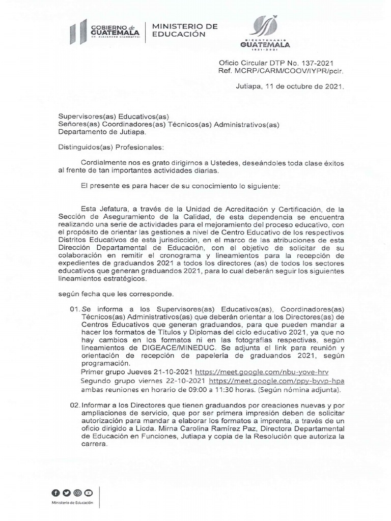 Oficio Circular DTP No. 137-2021 | PDF