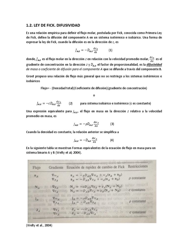 Ley de Fick: Difusividad y Ecuaciones | PDF | Difusión | Masa