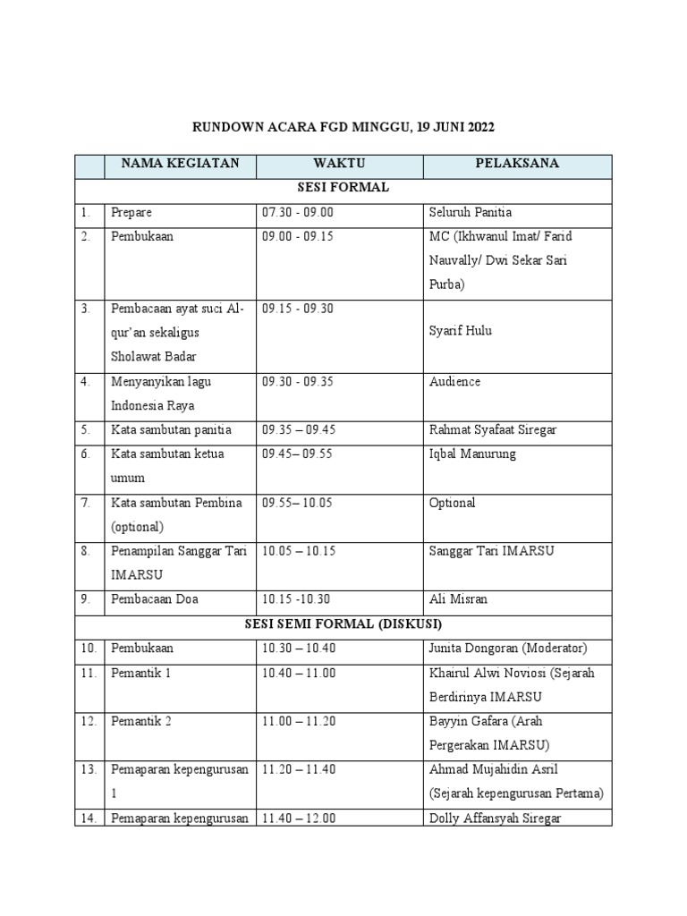 Rundown Acara FGD Minggu | PDF