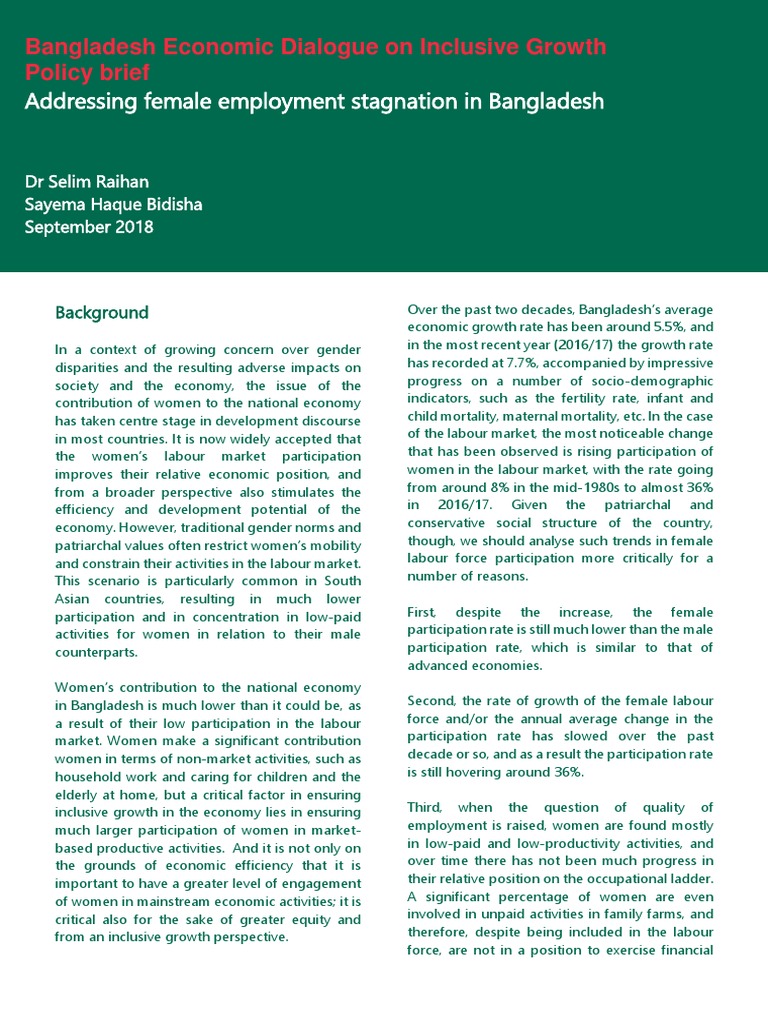 EDIG Policy Brief Female Employment Stagnation in Bangladesh | PDF ...