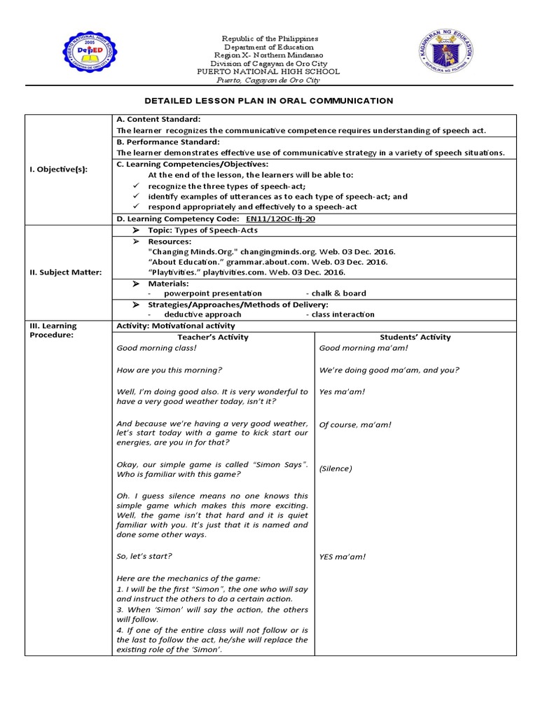 DETAILED LESSON PLAN IN ORAL COMMUNICATION | PDF | Cognition ...