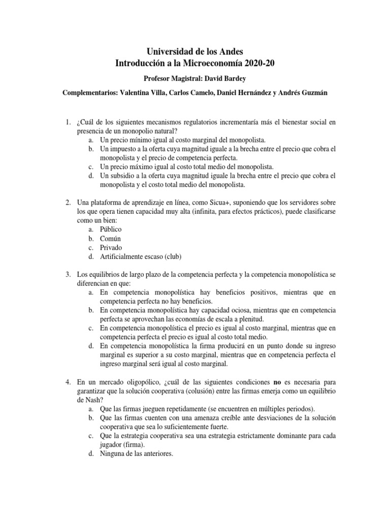 Intro. A La Micro. - Examen Final 2020-20 | PDF | Monopolio | Mercado (economía)