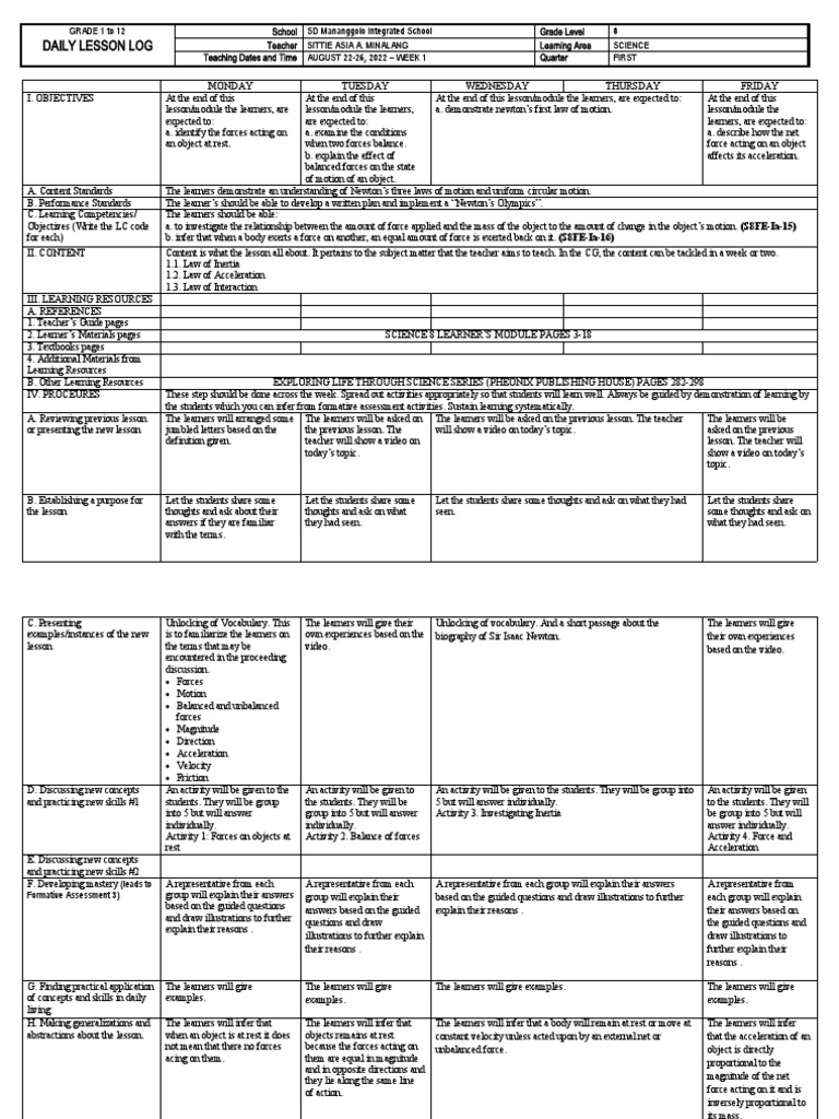DLL Science 8 Q1 2022 2023 | PDF | Force | Acceleration