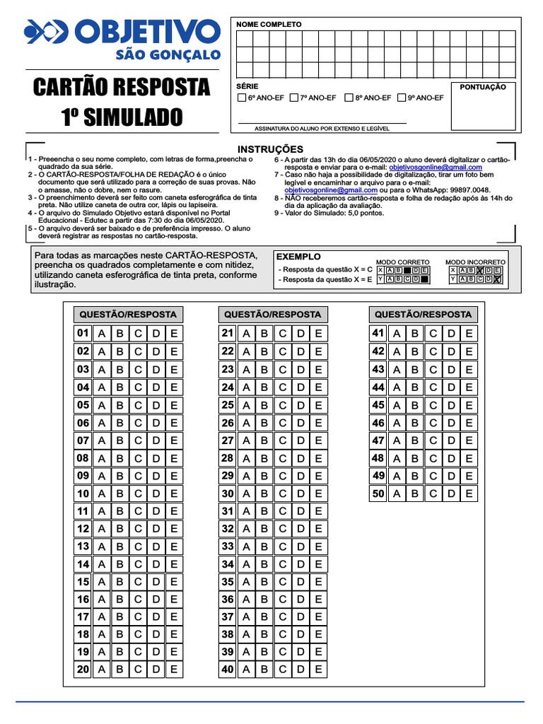 00 - Cartao Resposta - Fundamental 2 - 28042020161104 | PDF | Caneta