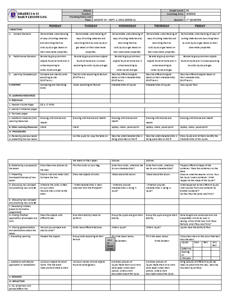 DLL - Science 3 - Q1 - W2 | PDF | Liquids | Solid