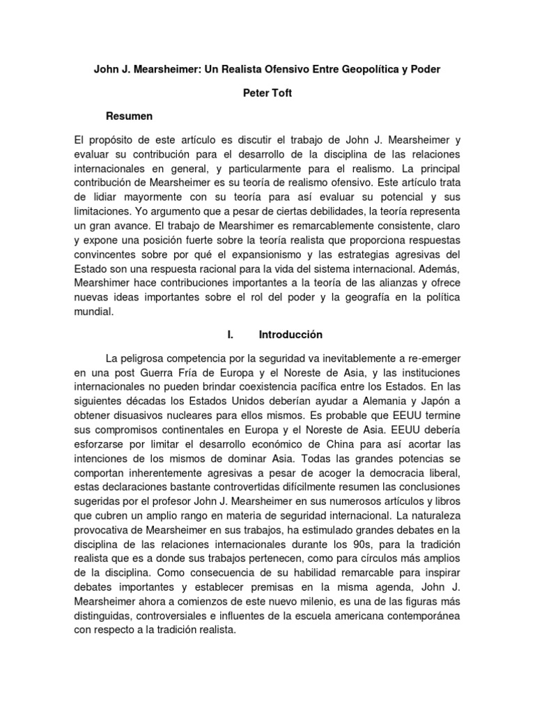 Mearsheimer: Realismo Ofensivo en IR | PDF | Teoría | Hegemonía