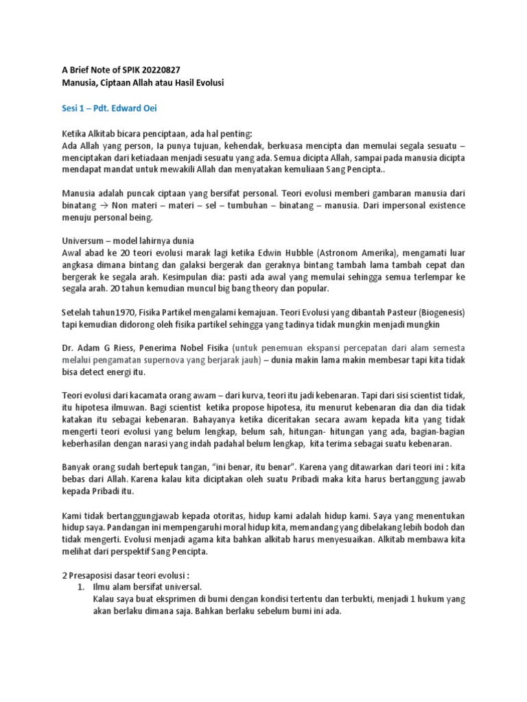 SPIK-manusia Ciptaan Allah Atau Hasil Evolusi Sesi 1-Pdt. Edward Oei | PDF