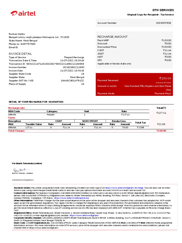 Recharge Amount: Original Copy For Recipient - Tax Invoice | PDF ...