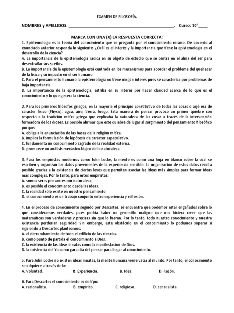 Examen de Filosofia para Grado Decimo | PDF | Conocimiento | Empirismo