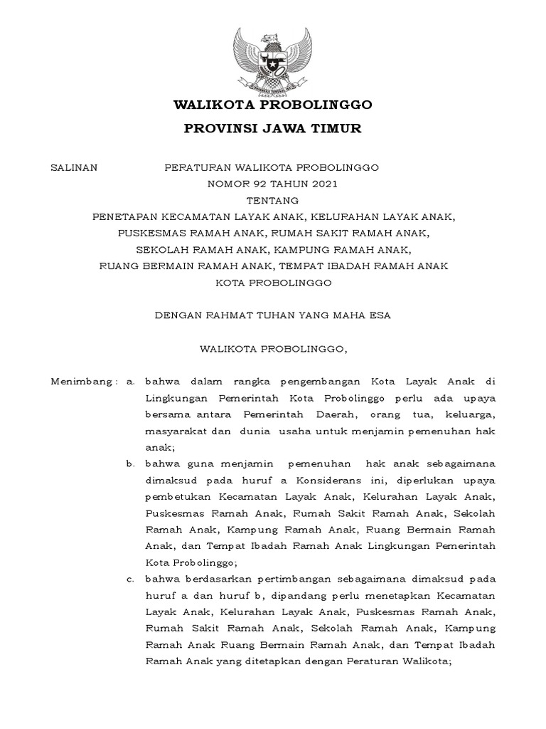 PERWALI-NO-92-2021 ttg-PENETAPAN-KLA | PDF