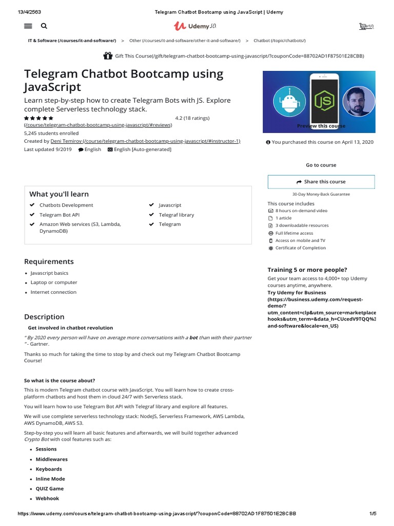 Telegram Chatbot Bootcamp Using JavaScript - Udemy | PDF | Amazon Web Services | Java Script
