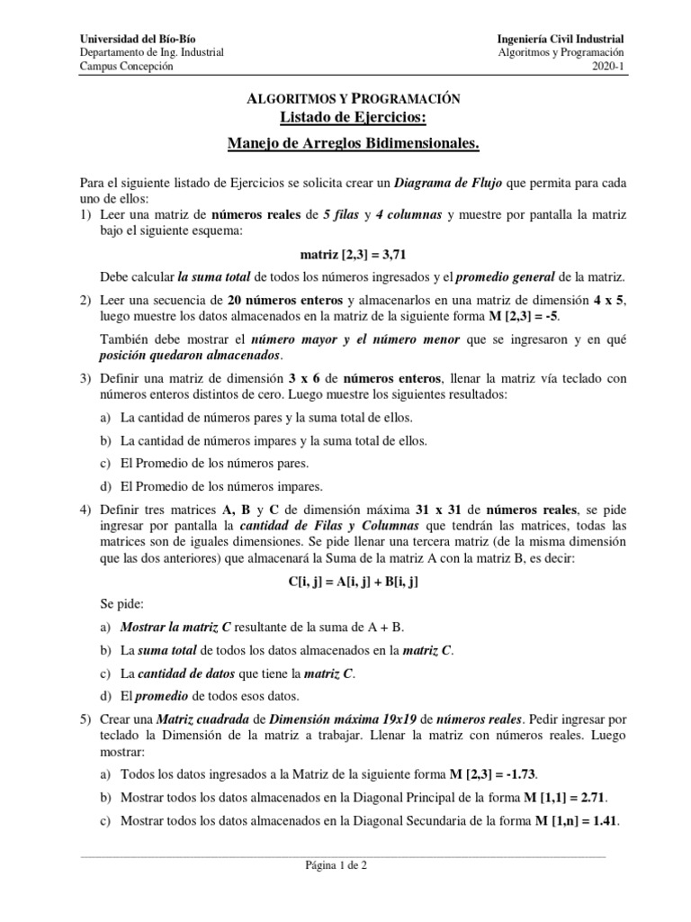 Alg y Prog 2020-1, Ejercicios Diag Flujo, 5 Prob Matrices | PDF | Matriz (Matemáticas) | Matemáticas