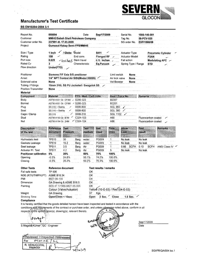 Severn Glocon Valve Test Certificate | PDF | Leak | Valve