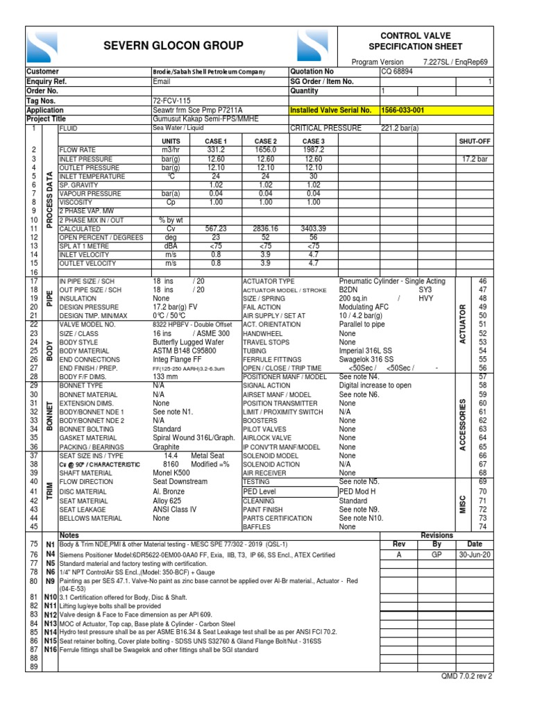 Control Valve Specification Sheet for Sea Water Flow from Seawater Pump ...