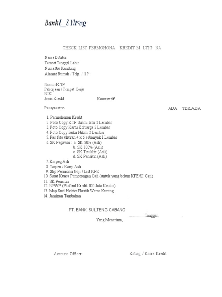 Check List Permohonan Kredit Multiguna | PDF