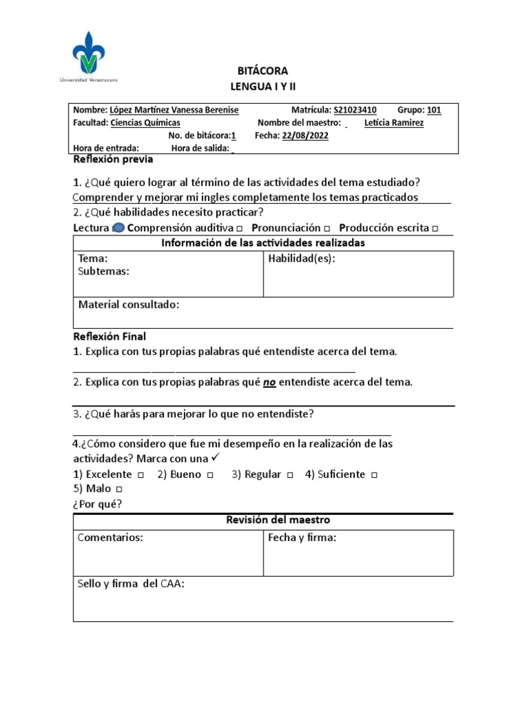 Bitacora Ingles UV | PDF