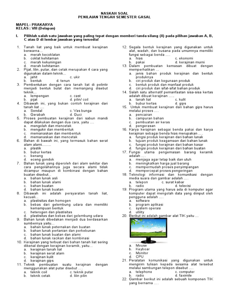 Soal PTS Gasal Prakarya Kelas 8 2022 | PDF
