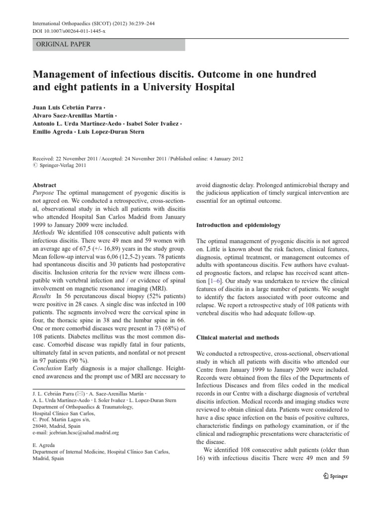 Management of Infectious Discitis. Outcome in One Hundred and Eight ...