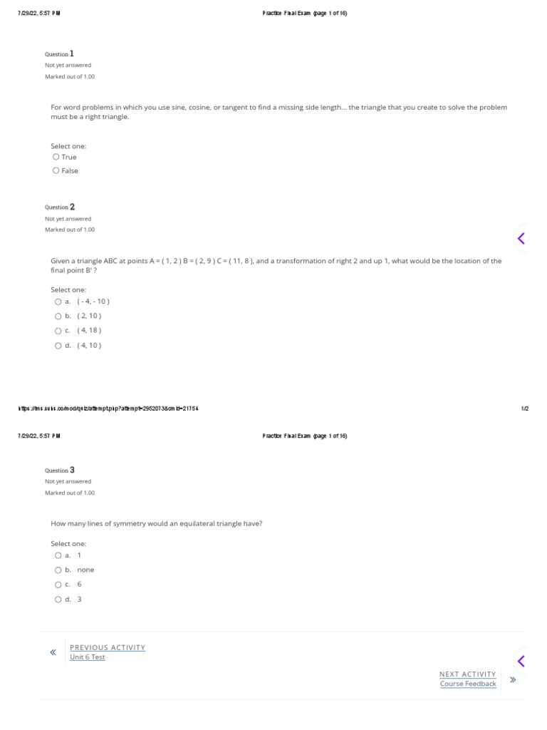 Geo 2 Practice Final Exam (Page 1 of 16) | Download Free PDF | Triangle | Trigonometric Functions