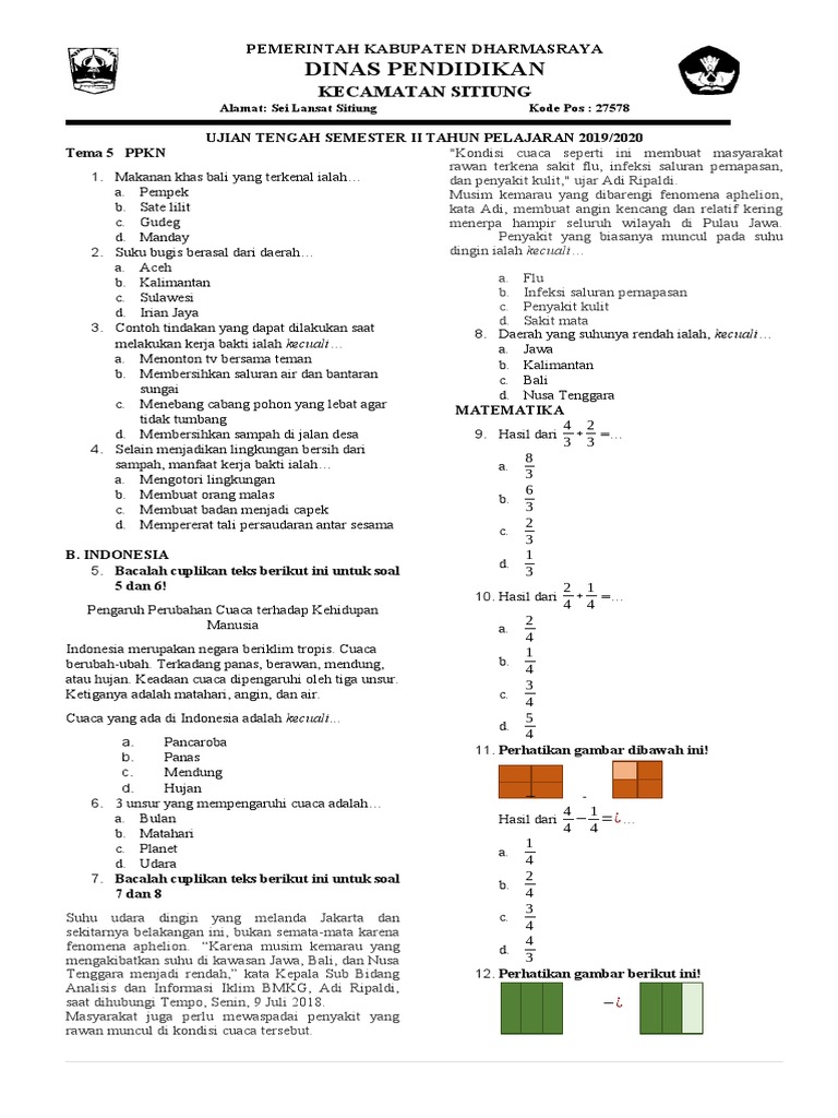 SOAL PTS KELAS 3 Hari Ke 2 (Tema 5 Sub 3 4) | PDF