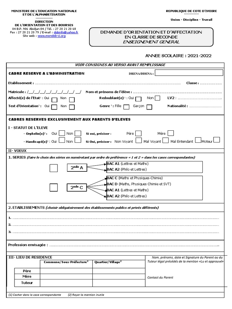Fiche d'Orientation en Classe de Seconde | PDF