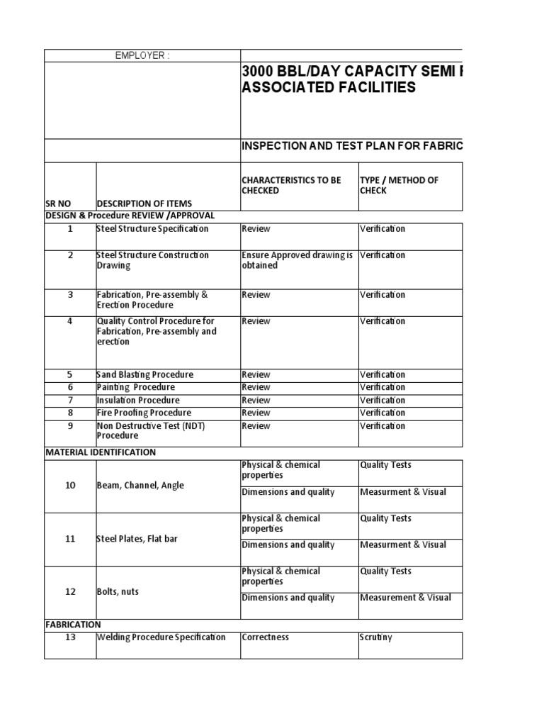 Inspection Plan for Steel Fabrication | PDF | Nondestructive Testing ...