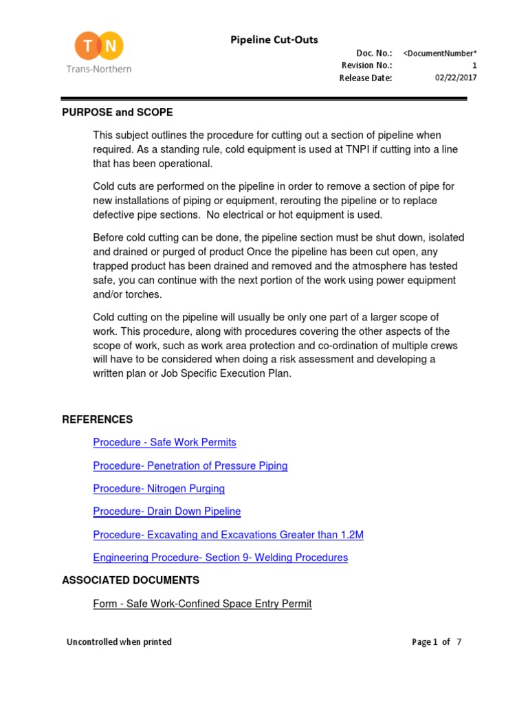 Pipeline Cold Cut-Out Procedure Guide | PDF | Pipe (Fluid Conveyance ...