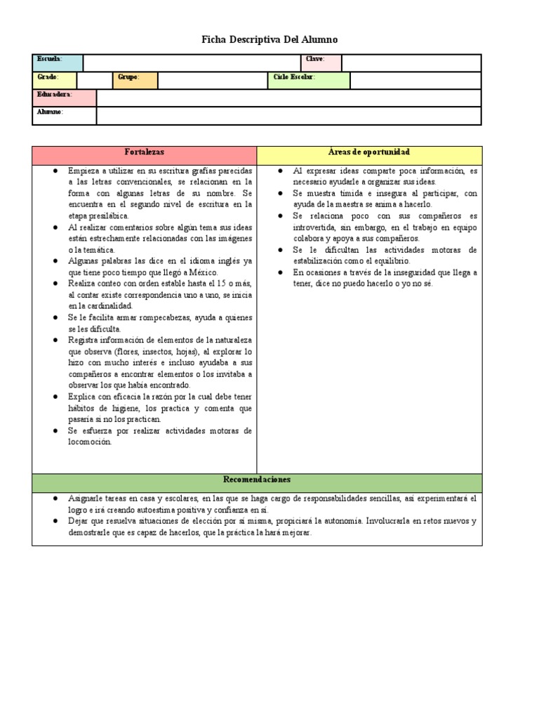 Ficha Descriptiva PREESCOLAR | PDF | Aprendizaje | Educación de la primera infancia